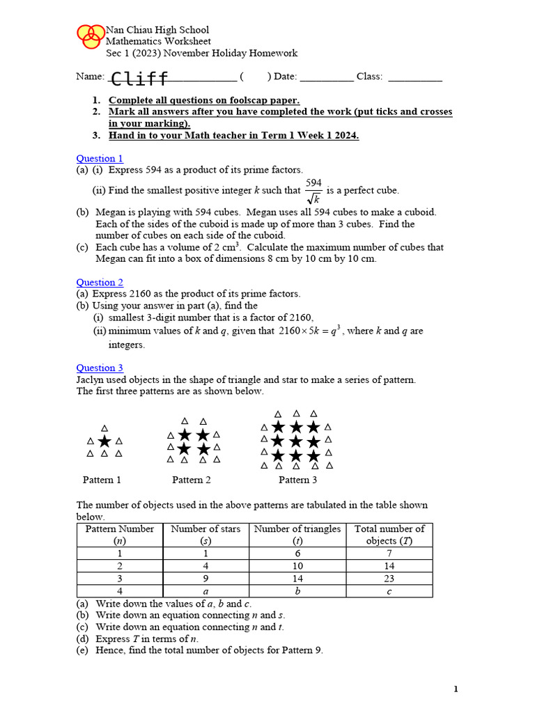 Sec 1 Math Holiday Homework 2023 | PDF | Area | Numbers