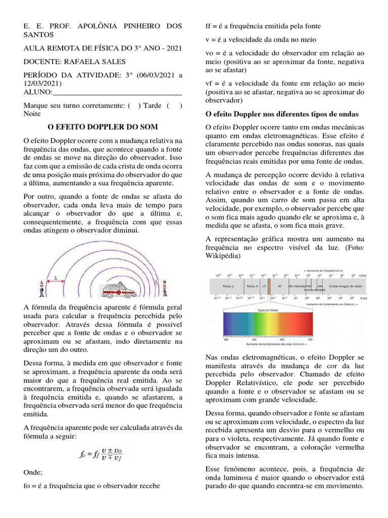 3º ano - EFEITO DOPPLER | PDF | Efeito Doppler | Ondas