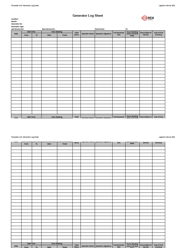 4.04 Generator Log Sheet Jan 2022 | PDF | Transport | Vehicles