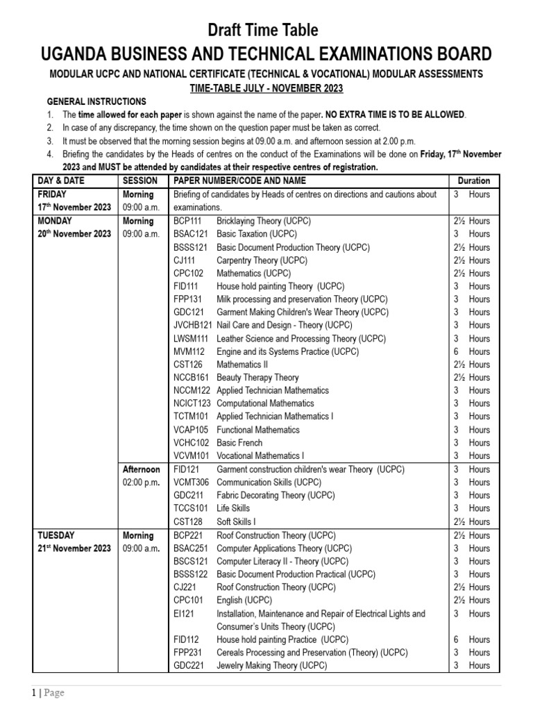 Draft Time Table For Modular Ucpc and National Technical Certificate ...