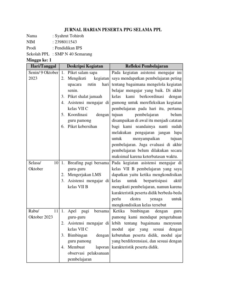 Jurnal Harian PPG Selama PPL | PDF