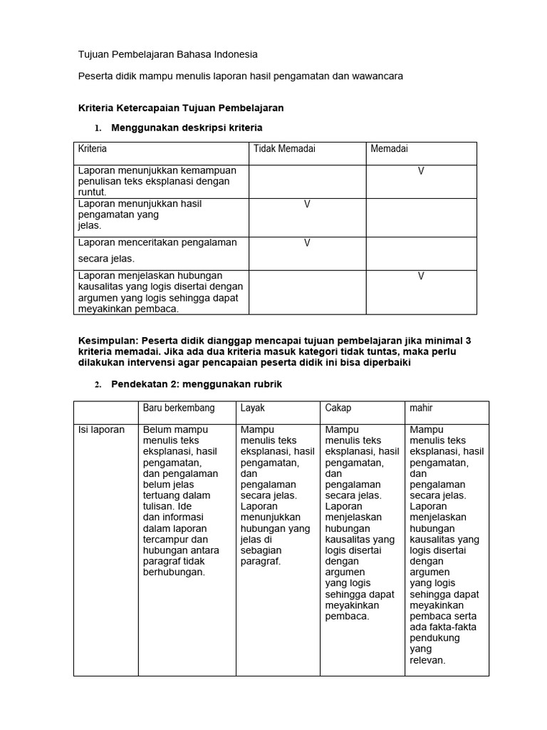 CONTOH KKTP Tujuan Pembelajaran Bahasa Indonesia | PDF