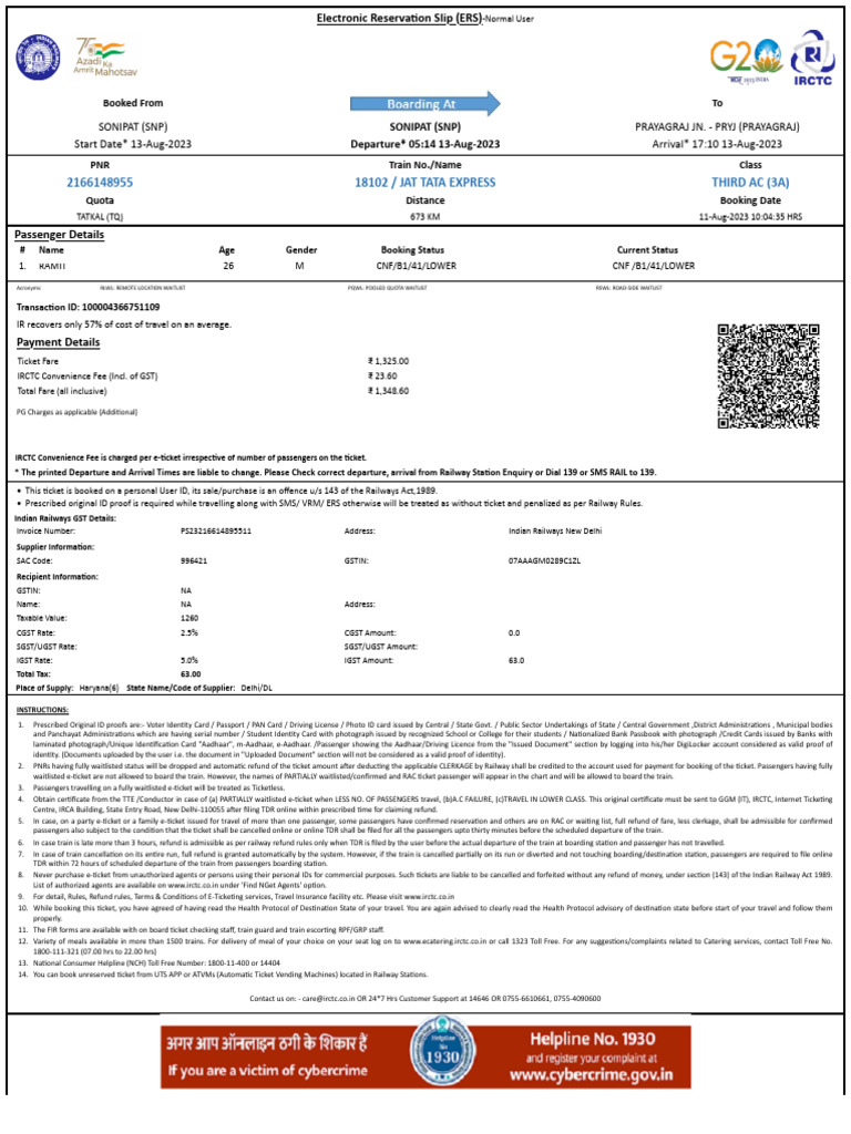 Jat Tata Express Third Ac (3A) | PDF