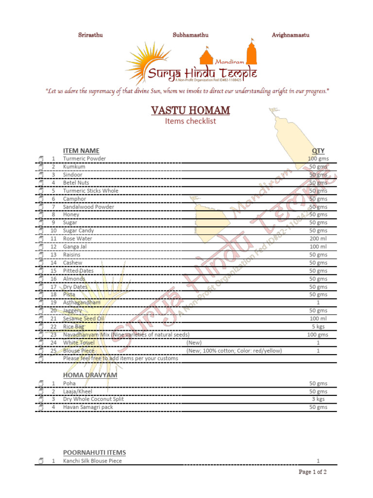 Vastu Homam Checklist | PDF | Cooking | Food And Drink