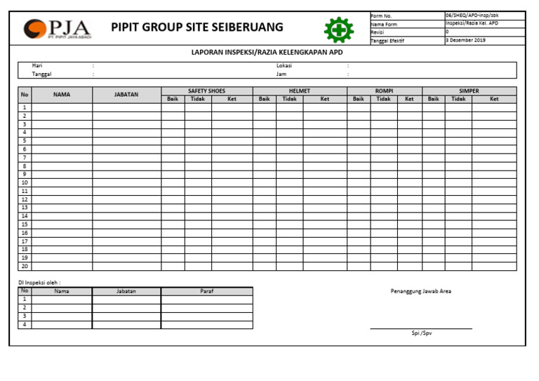 Form Inspeksi Kelengkapan APD | PDF