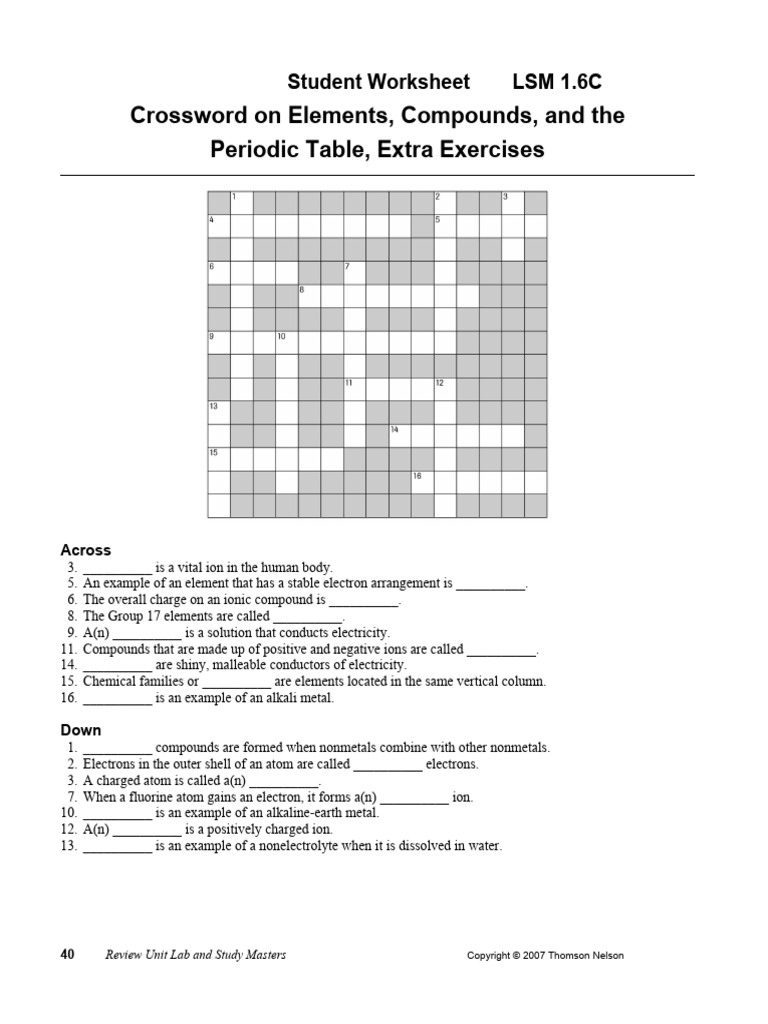 1.6C Crossword On Elements, Compounds, and The Periodic Table, Extra Exercises | PDF