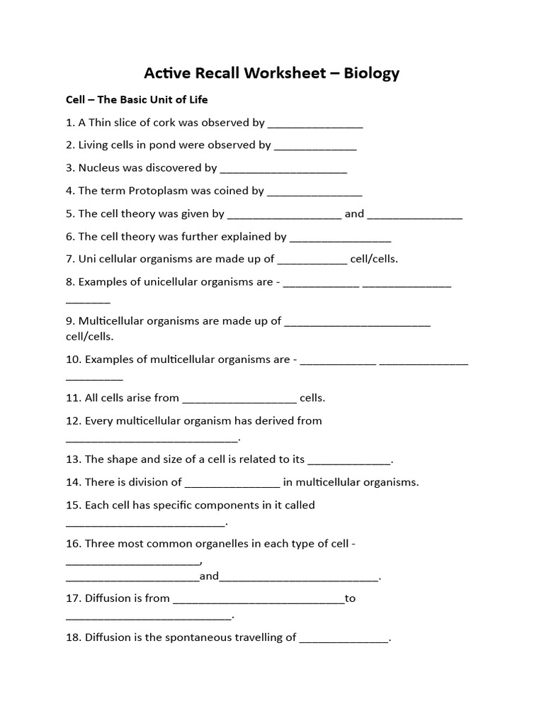 Active Recall Worksheet | PDF | Tissue (Biology) | Epithelium