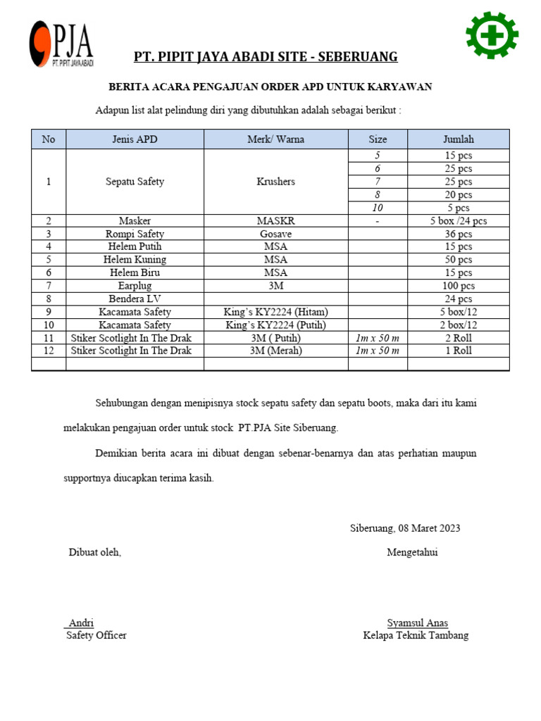 BERITA ACARA Permintaan APD Sepatu Mar 2023 | PDF