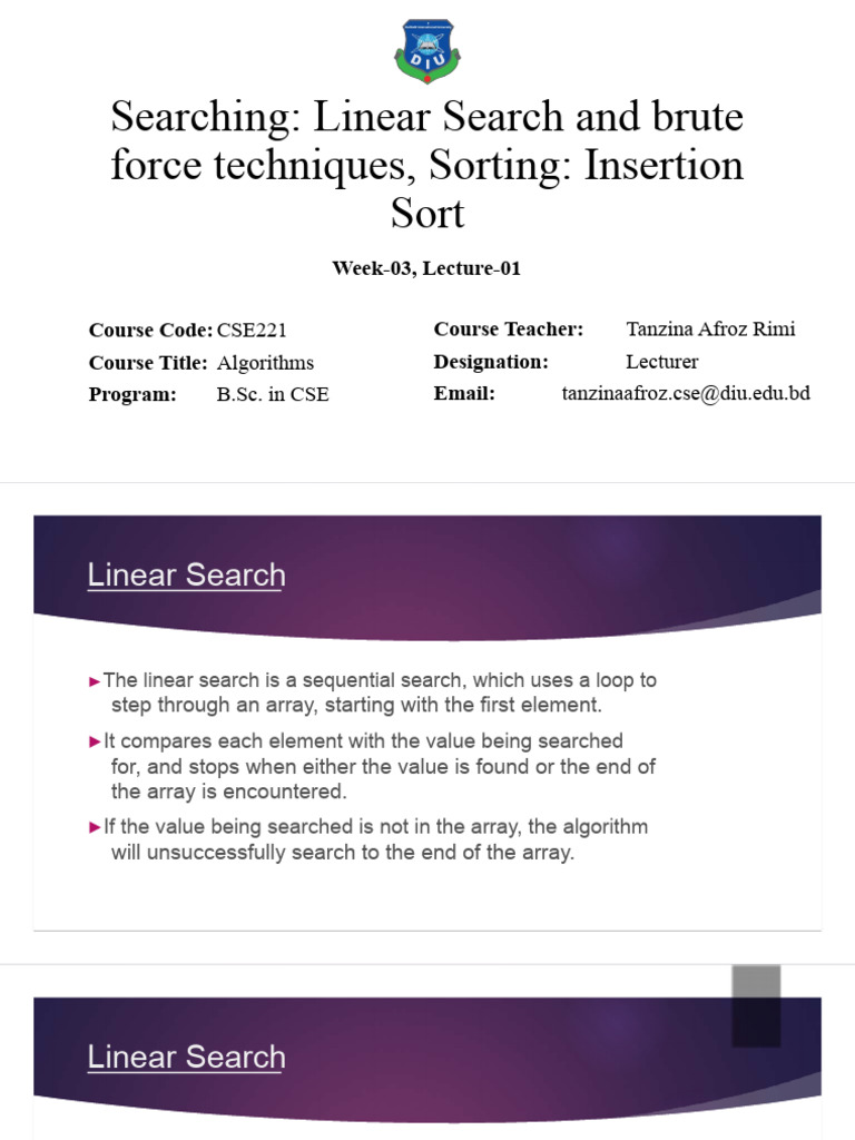 W-3 - L-1 - Searching Linear Search and Brute Force Techniques, Sorting Insertion Sort | PDF ...