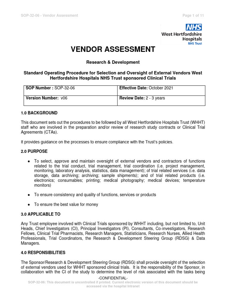 SOP-32-06 - Vendor Assessment (Oct 21) | PDF | Clinical Trial | Medicine