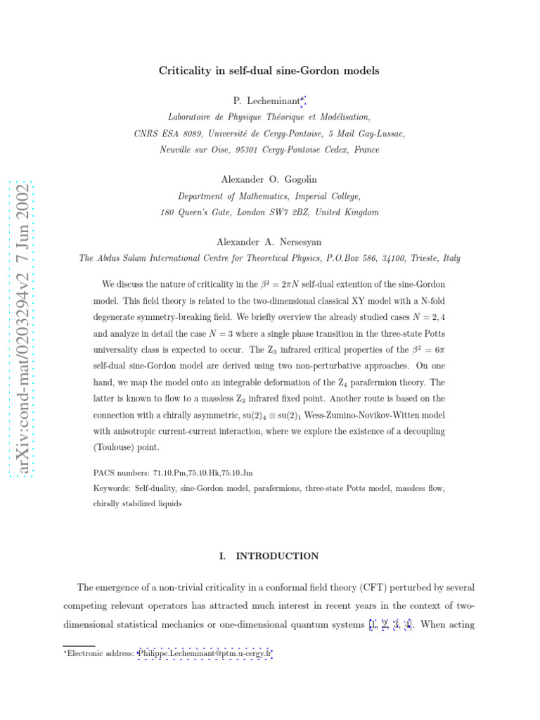 Criticality in Self-Dual Sine-Gordon Models | PDF | Scientific Method ...