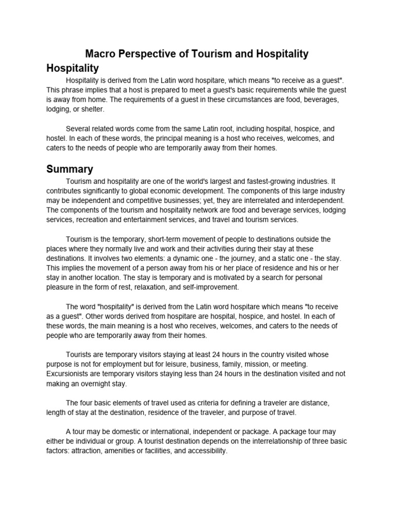 Macro Perspective of Tourism and Hospitality | PDF | Tourism | Hostel