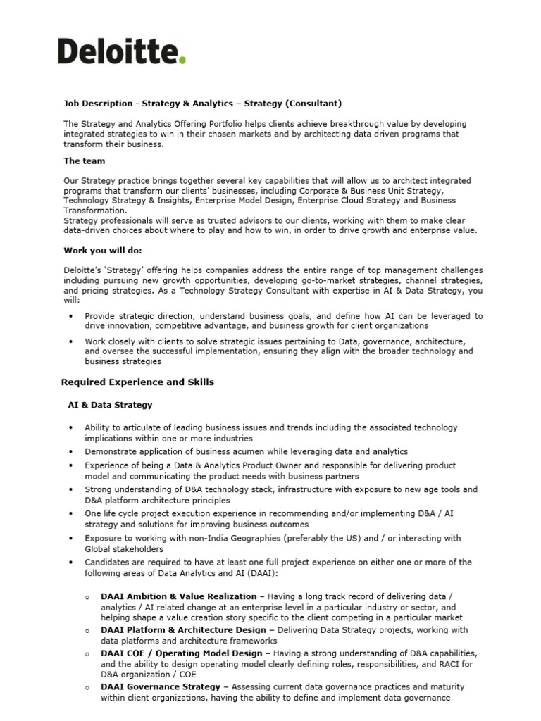 Deloitte USI Consulting JD Consultant - Lateral - Tech Strategy - AI&DS ...