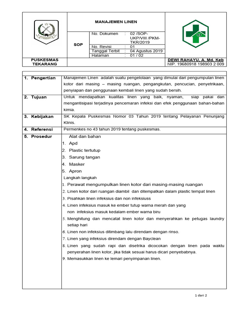 SOP LINEN-Manejemen Linen | PDF