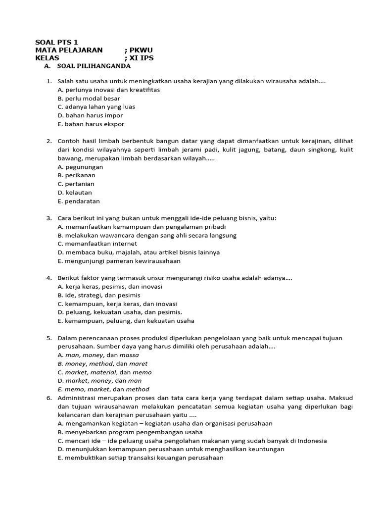 Soal PTS 1 Pkwu Kelas Xi Ips | PDF