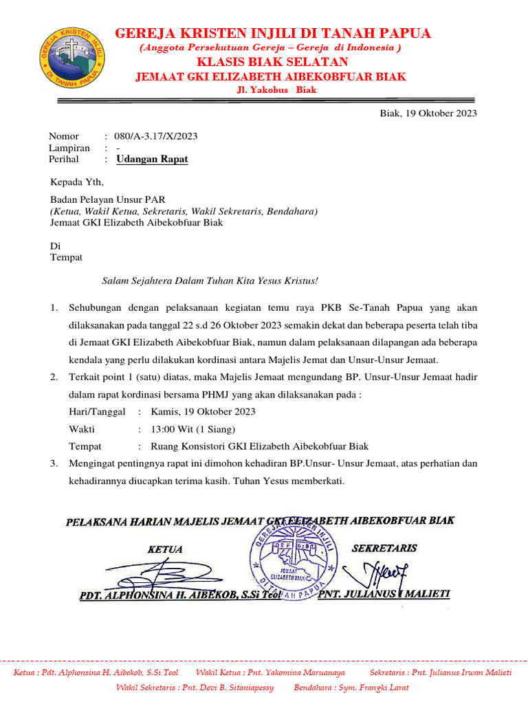 Undangan Rapat Koordinasi GKI Biak | PDF