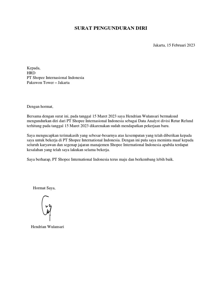 SURAT PENGUNDURAN DIRI Hendrian Wulansari New | PDF