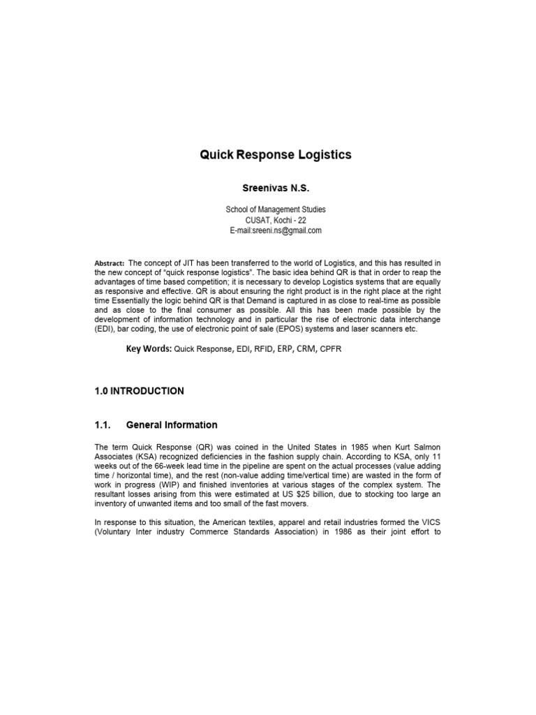 Quick Response Logistics - Sreenivas - Mba - PT | PDF | Enterprise Resource Planning | Supply Chain