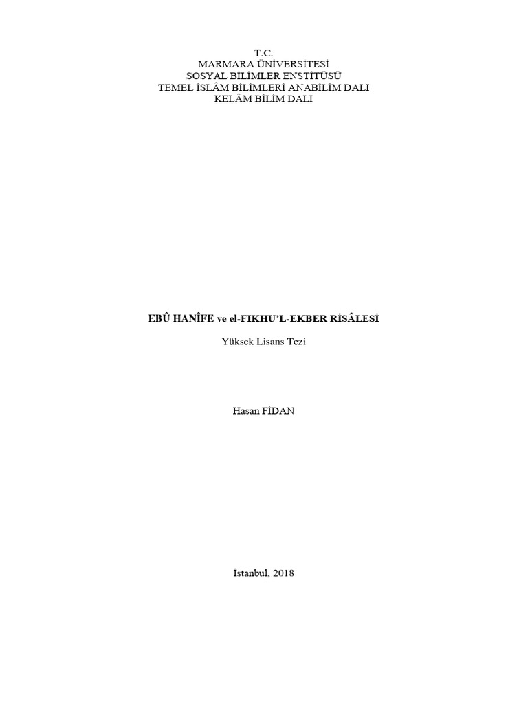 Ebu Hanife Ve El Fikhu L Ekber Risalesi PDF | PDF