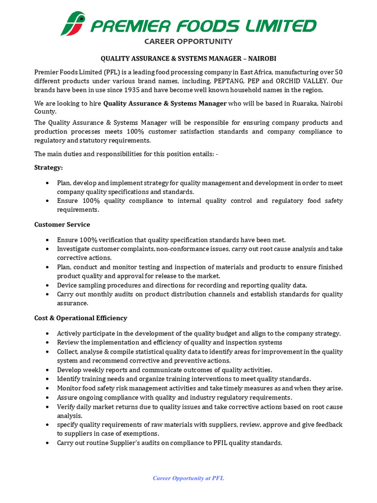 Quality Assurance Manager Position at PFL | PDF | Quality Assurance | Audit