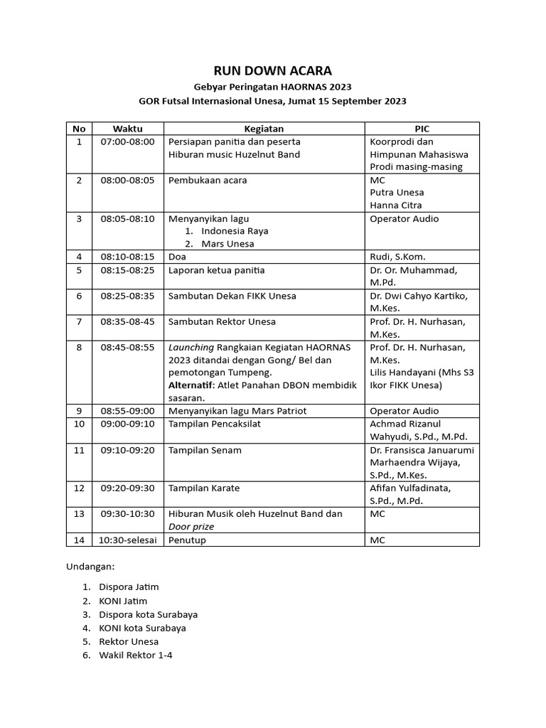 RUN DOWN ACARA Gebyar Haornas 2023 | PDF