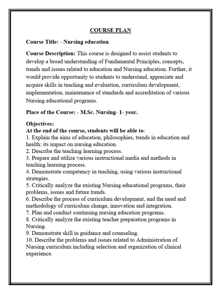 Nursing Education Course Plan Overview | PDF | Nursing | Curriculum