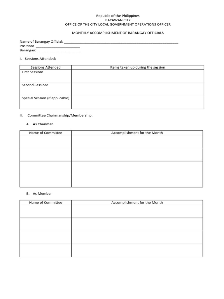 Accomplishment Report Form For Brgy Kagawad | PDF