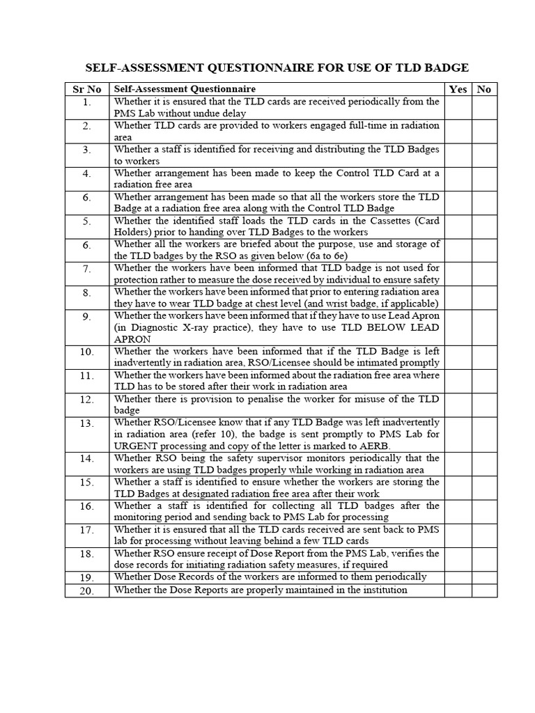 Self Assessment Questionnaire H RSD | PDF | Nuclear Safety And Security ...