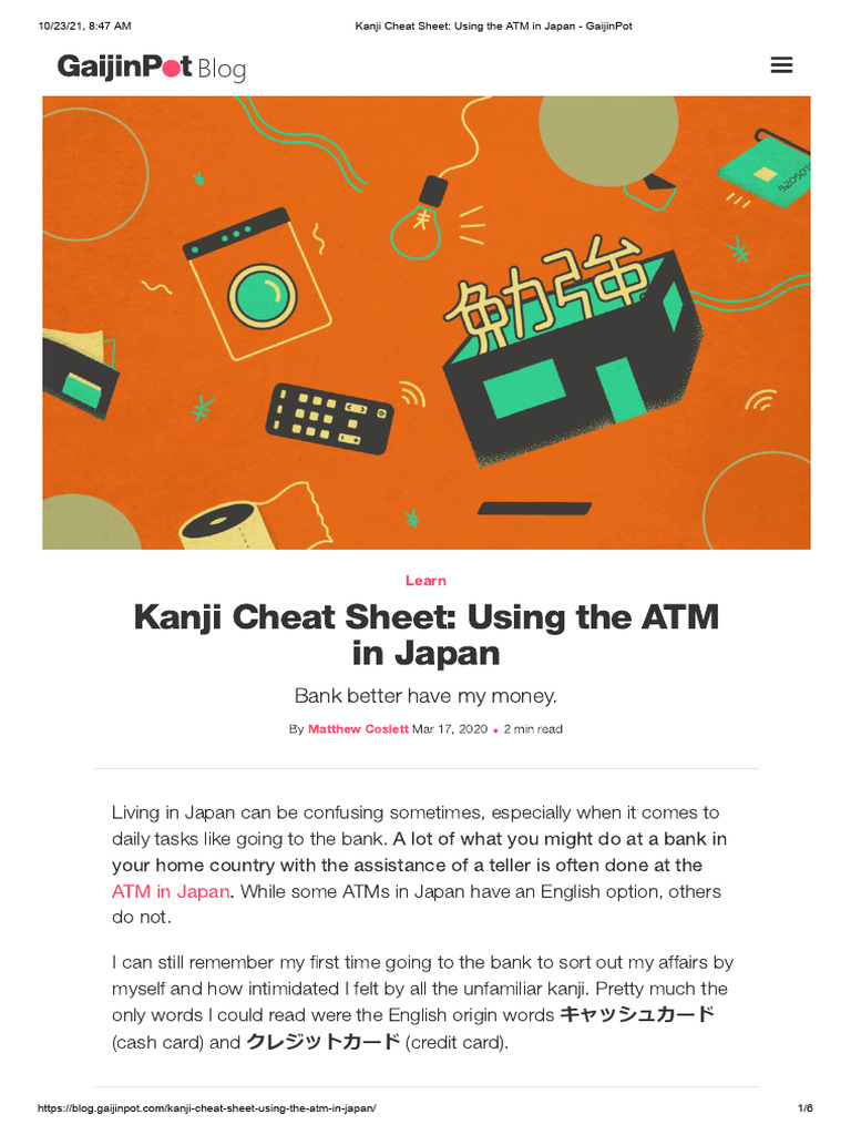 Kanji Cheat Sheet - Using The ATM in Japan - GaijinPot | PDF ...