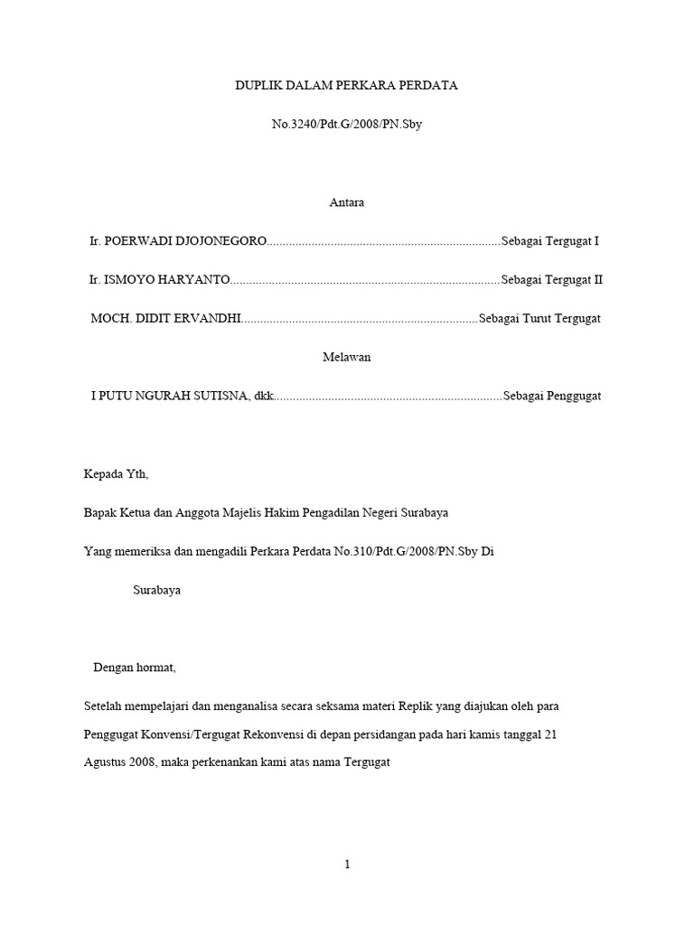Duplik Rekonvensi Perdata Surabaya | PDF | Politik