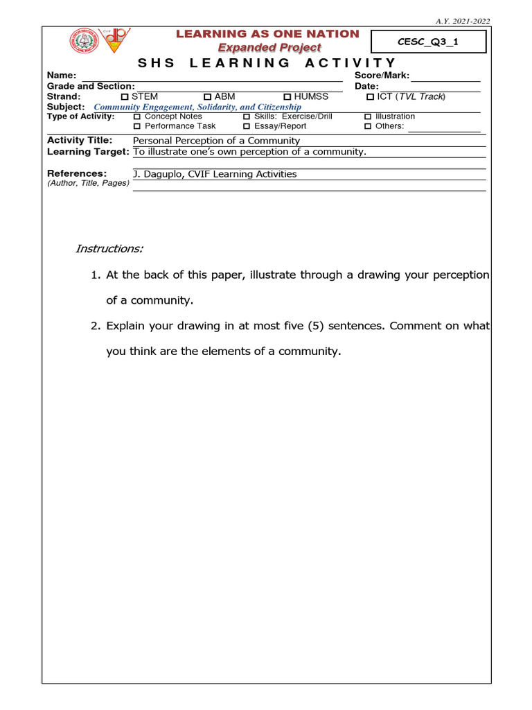 Community Perception Learning Activity | PDF