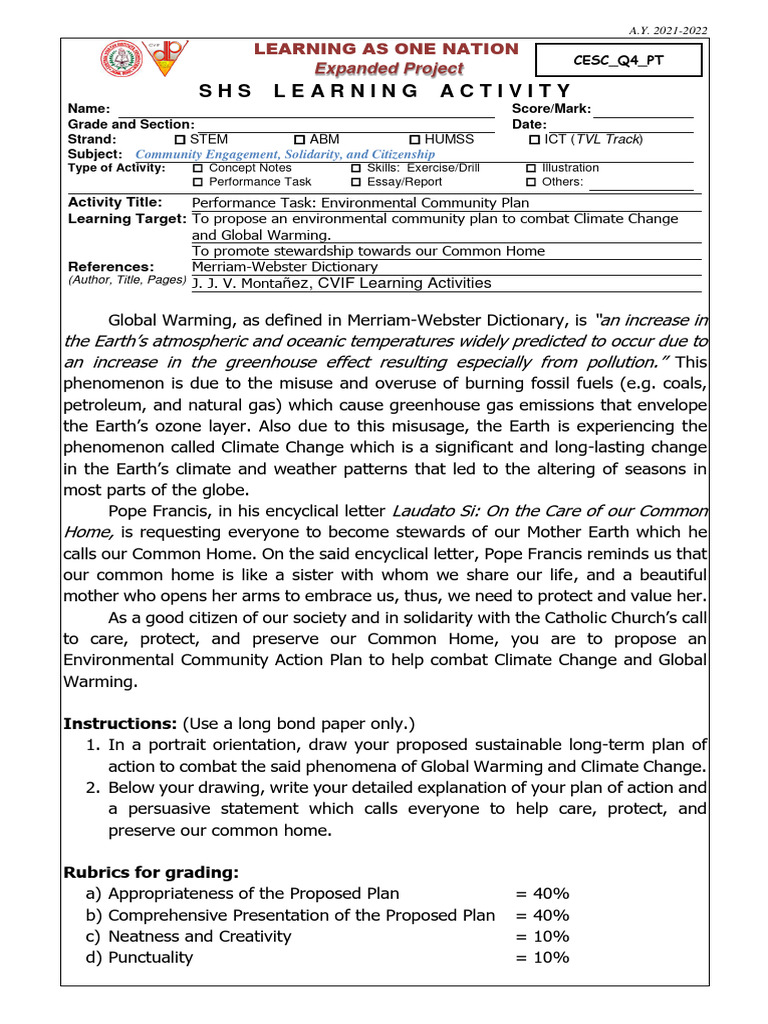 Performance Task Environmental Community Plan | PDF | Climate Change ...