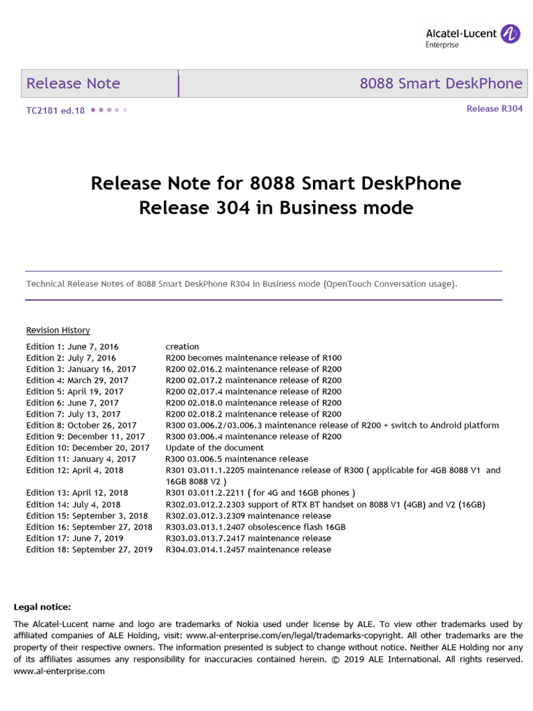 TC2181en-Ed18 Release Note For 8088 Smart DeskPhone Release 303 in Business Mode | PDF ...