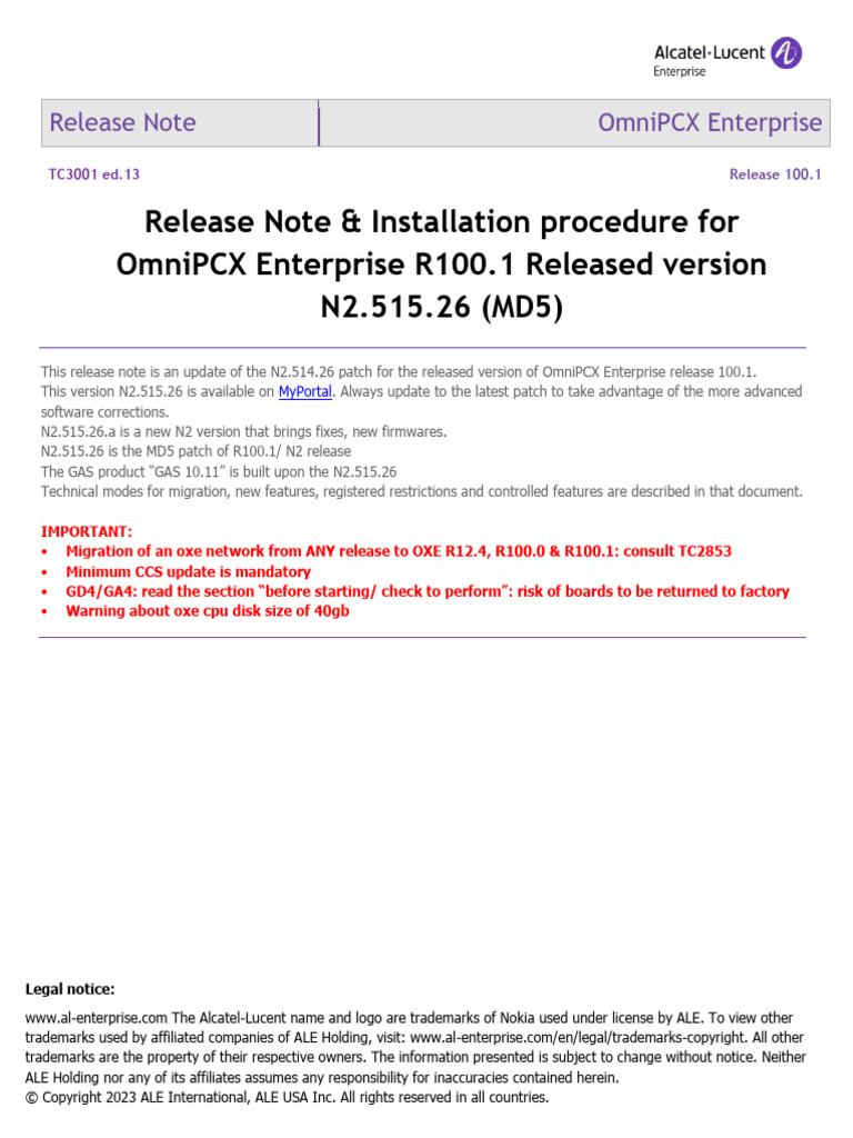 TC3001en-Ed13 Release Note and Installation Procedure OmniPCX Enterprise R100.1 Version N2.515. ...