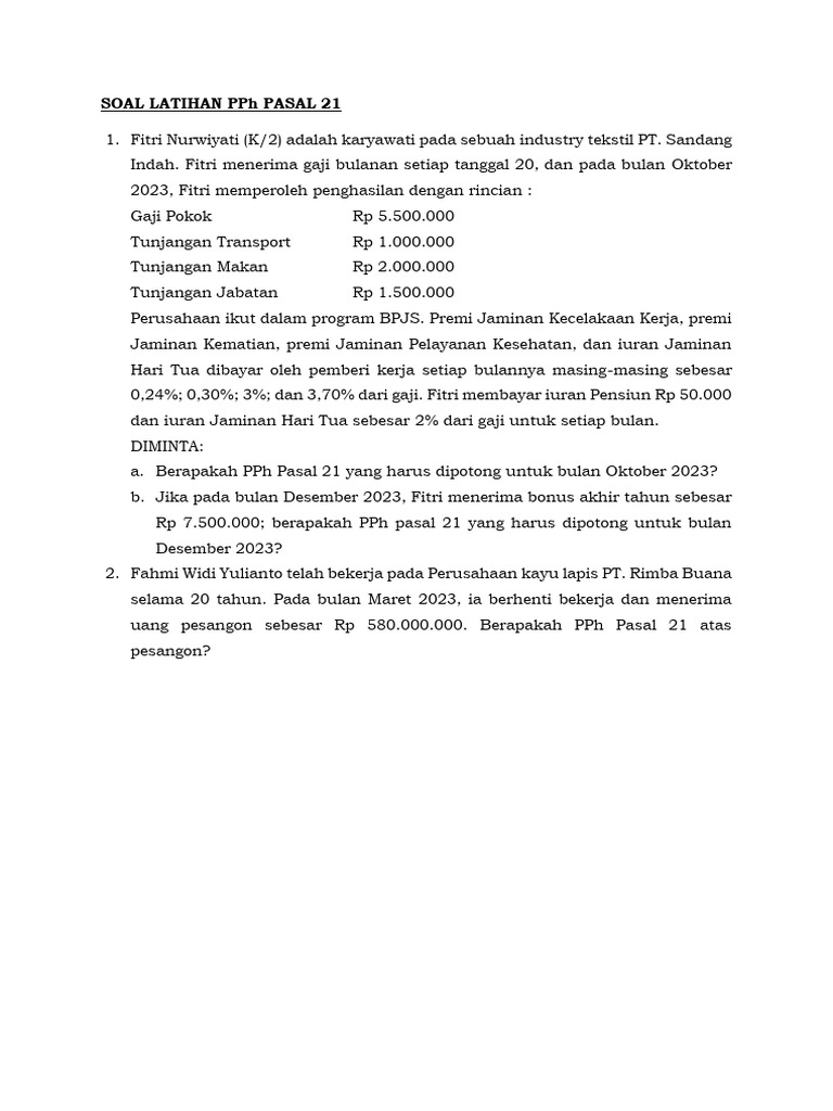 SOAL LATIHAN PPH PASAL 21 - 2 | PDF