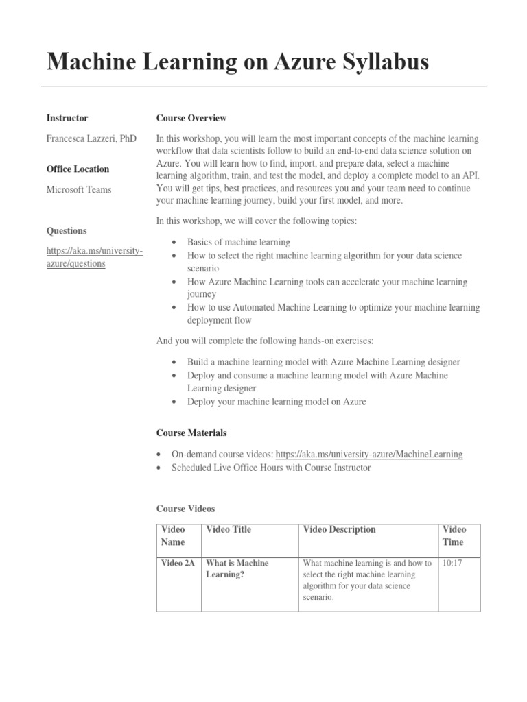 Machine Learning On Azure Syllabus 6oct2020 | PDF | Microsoft Azure ...