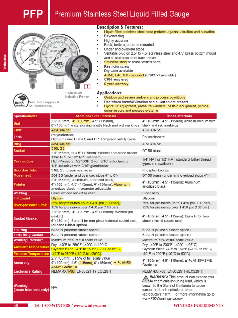 PFP Series Premium Pressure Gauge | PDF | Silicone | Pressure Measurement