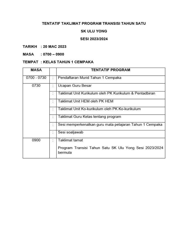 Tentatif Taklimat & Majlis Penutupan Program Transisi Tahun Satu | PDF