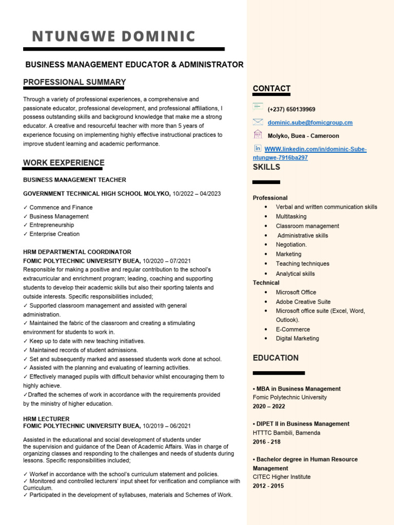 Ntungwe Dominic CV | PDF | Teachers | Classroom Management