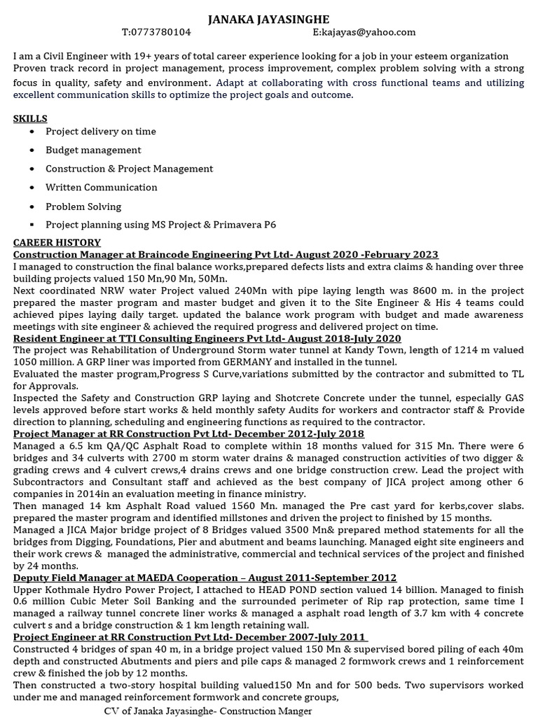 Janaka Jayasinghe: Civil Engineer CV | PDF | Project Management | Deep Foundation