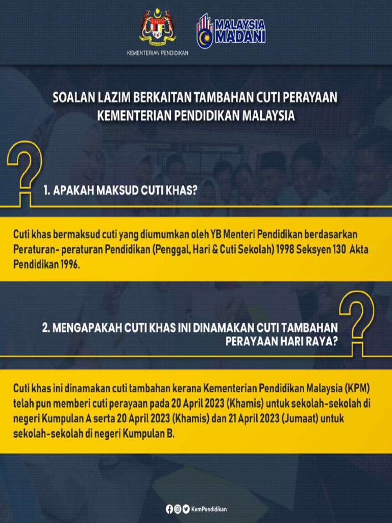 Soalan Lazim (FAQ) Berkaitan Tambahan Cuti Perayaan KPM 2023 | PDF