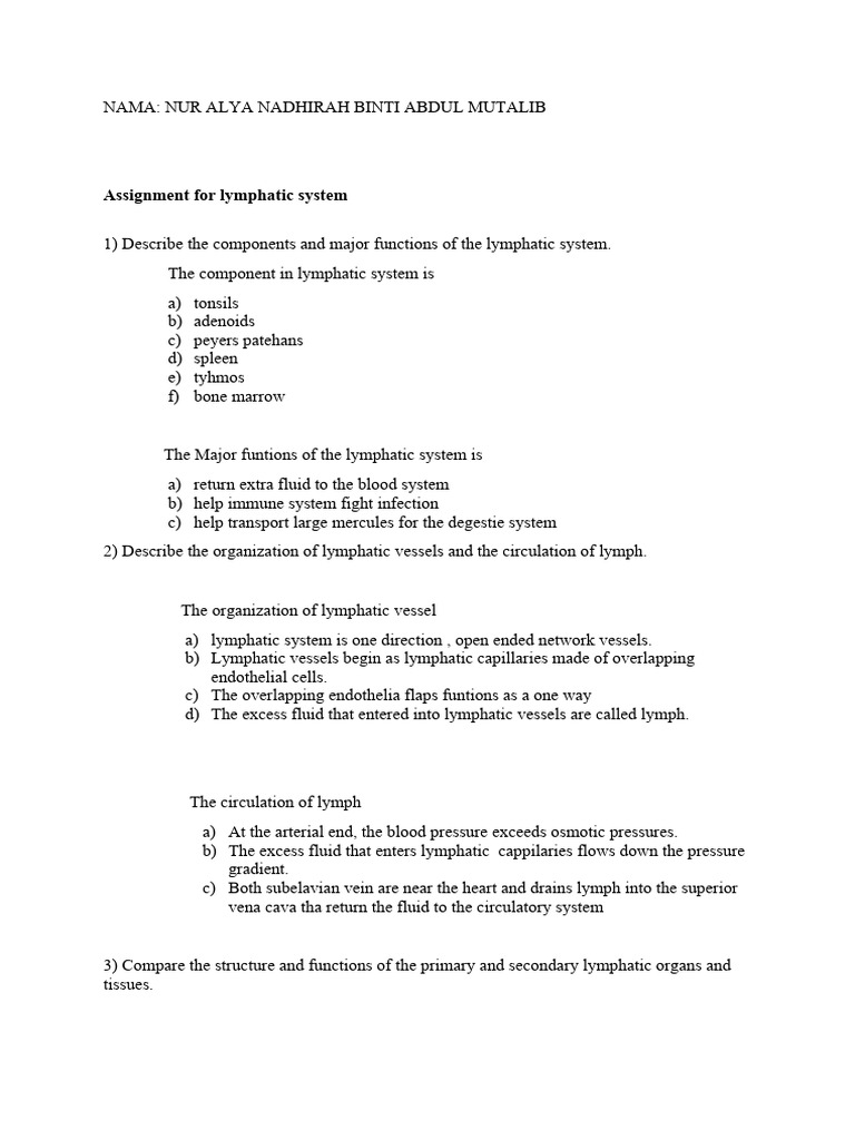 Lymphatic System Assignment Overview | PDF