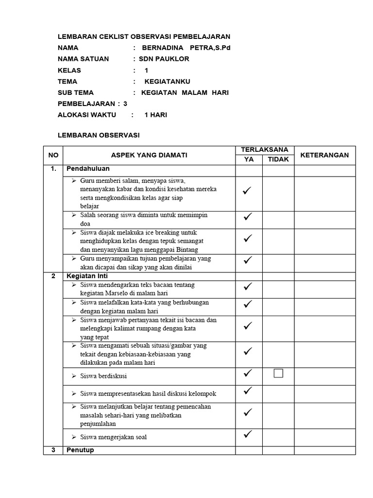 Lembaran Ceklist Observasi Pembelajaran | PDF