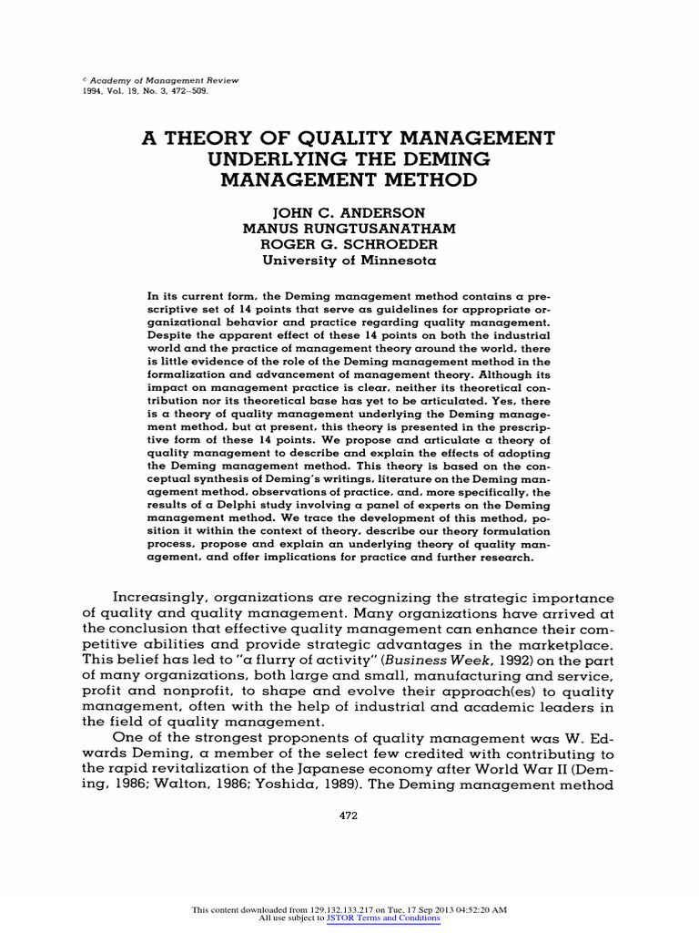 Anderson - Et - Al - 1994 - Deming - Management - Method 2 | PDF | Quality Management | Theory
