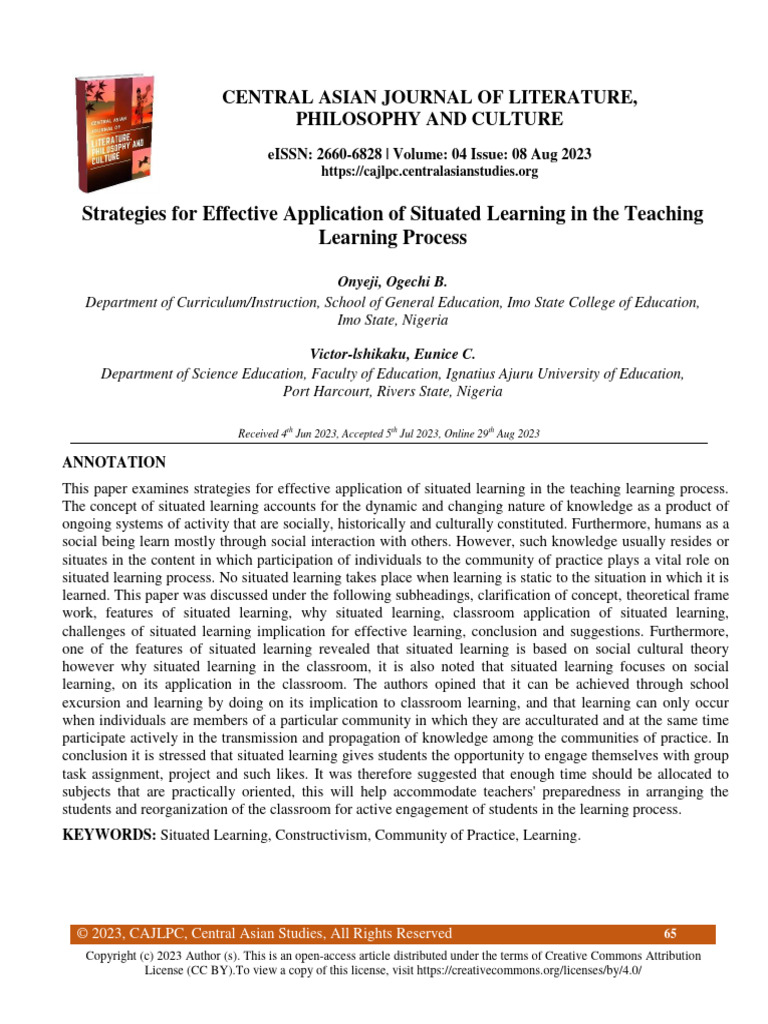 Strategies For Effective Application of Situated Learning in The ...