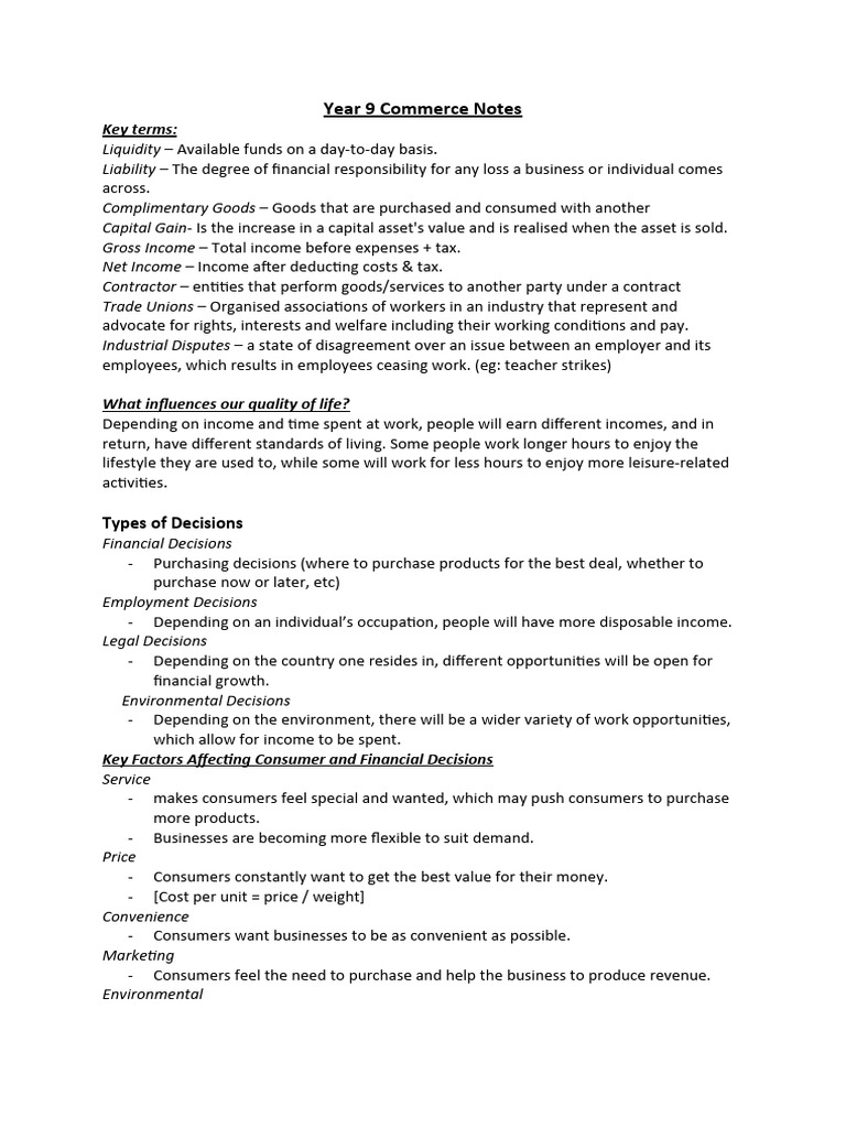 Year 9 Commerce Notes | PDF | Investing | Employment