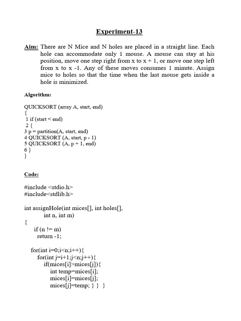 Experiment-13: Aim: There Are N Mice and N Holes Are Placed in A ...