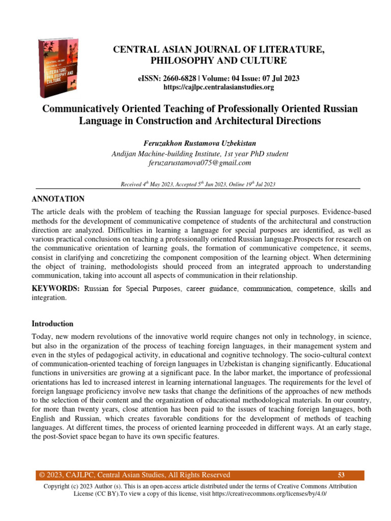 Communicatively Oriented Teaching of Professionally Oriented Russian Language in Construction ...
