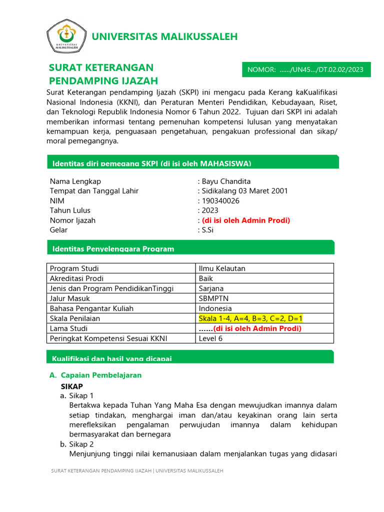 Contoh SKPI Universitas Malikussaleh | PDF
