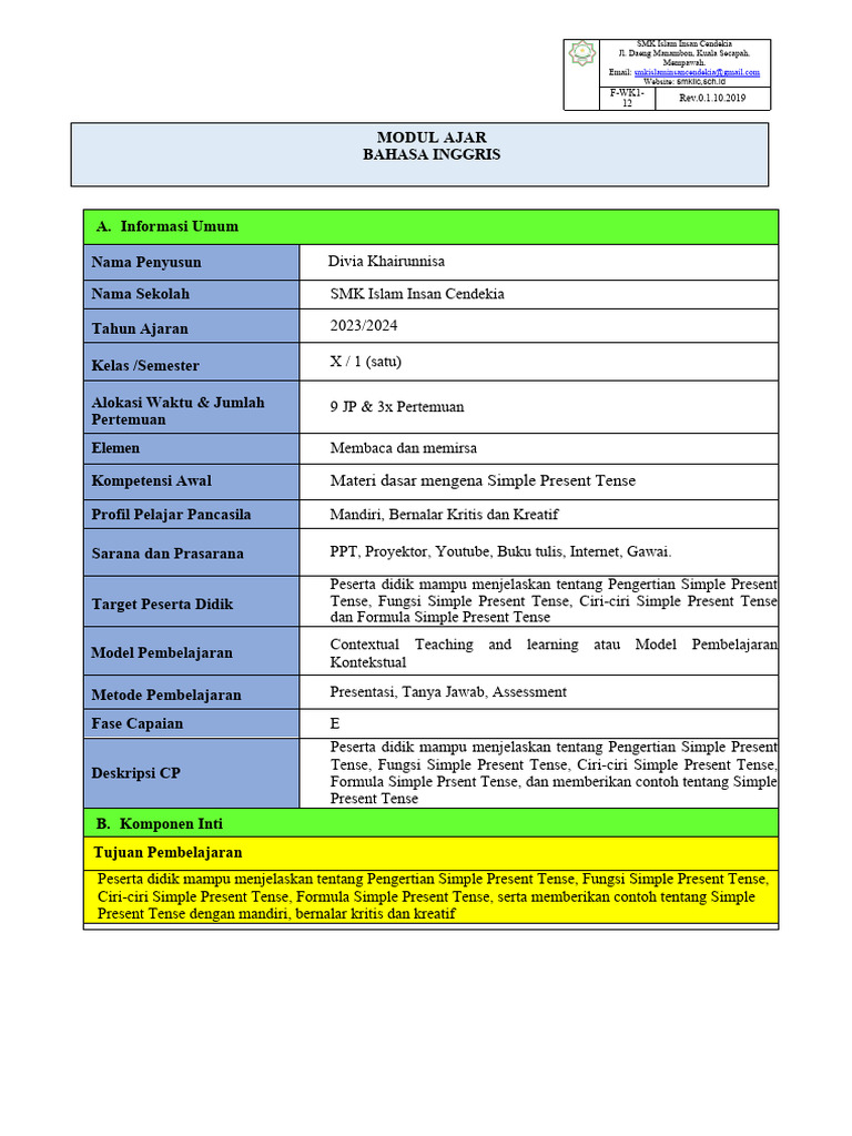 Divia Khairunnisa - Modul Ajar Simple Present Tense | PDF